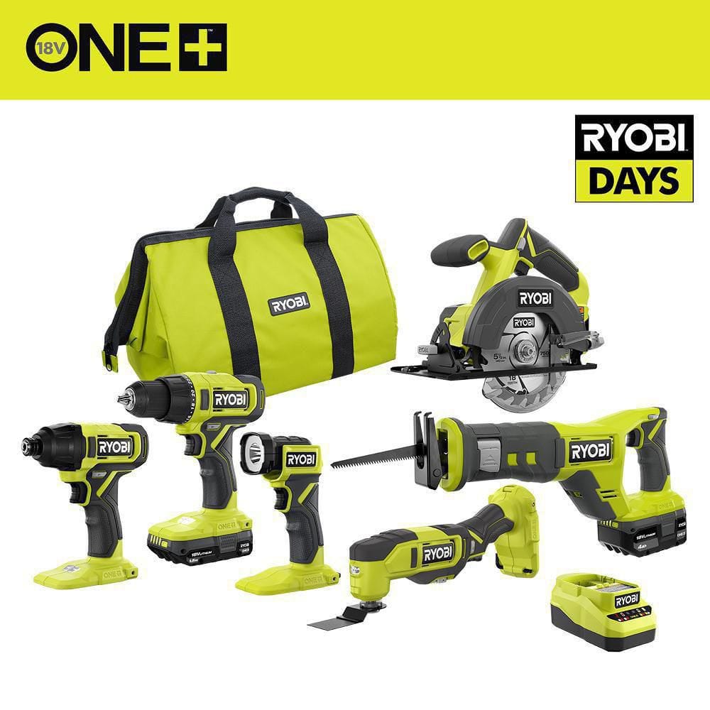 RYOBI ONE+ 18V Cordless 6-Tool Combo Kit with 1.5 Ah Battery, 4.0 Ah B ...
